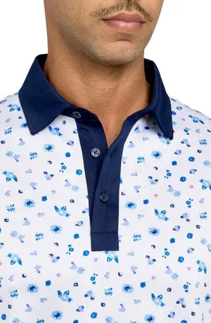 CON.STRUCT Regular Fit Floral Print Recycled Performance Golf Polo - White/blue