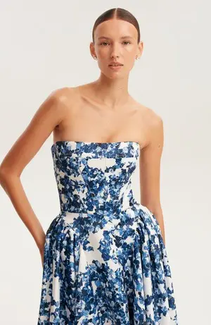 MILLA Floral Strapless Maxi Gown With Corset Bodice - Blue