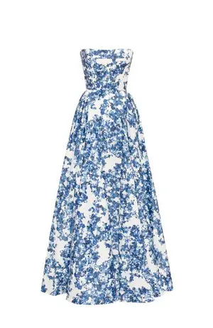 MILLA Floral Strapless Maxi Gown With Corset Bodice - Blue