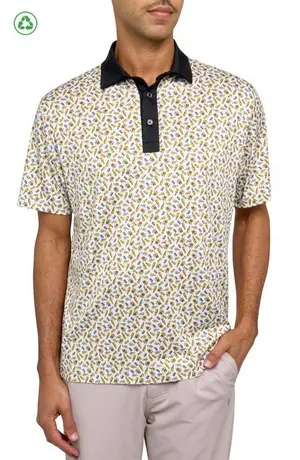 CON.STRUCT Regular Fit Micro Beers Print Recycled Performance Golf Polo White/yellow