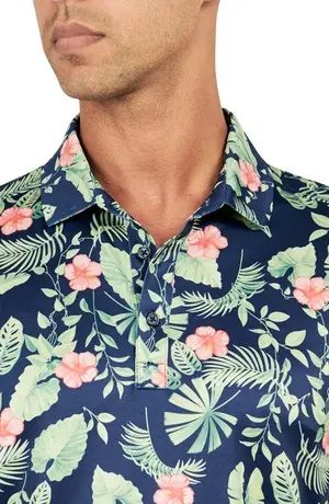 CON.STRUCT Tropical Leaf Print Performance Golf Polo - Green