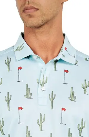 CON.STRUCT Regular Fit Cactus Print Recycled Performance Golf Polo - Aqua