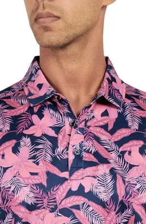CON.STRUCT Regular Fit Tropical Floral Print Recycled Performance Golf Polo - Pink