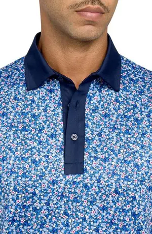 CON.STRUCT Regular Fit Micro Floral Print Recycled Performance Golf Polo - White/blue