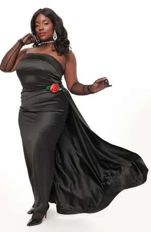 Unique Vintage Strapless Satin Gown With Cascade Train