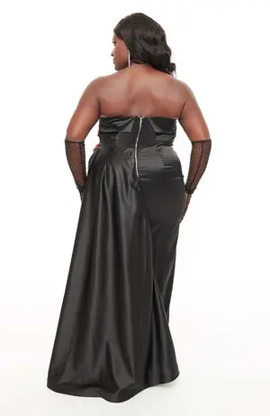 Unique Vintage Strapless Satin Gown With Cascade Train