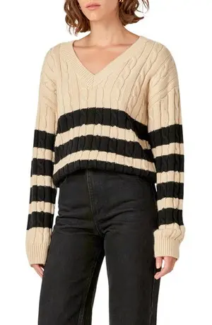 English Factory Stripe Cable Stitch Pullover Sweater
