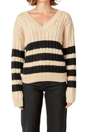 English Factory Stripe Cable Stitch Pullover Sweater