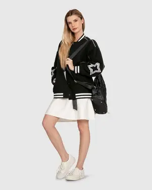 BELLE & BLOOM Hold Me Close" Letterman Bomber Jacket - Black