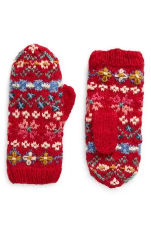 FRENCH KNOT Hand Knit Wool Mittens - Red