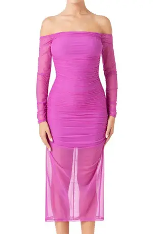Endless Rose Long Sleeve Off-the-shoulder Mesh Midi Dress