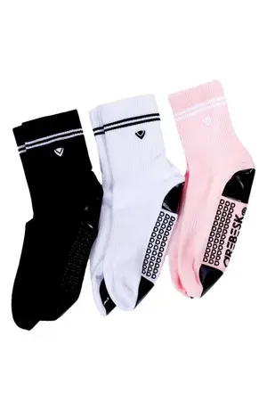 AREBESK Classic Assorted 3-pack Grip Crew Socks - White/ Black/ Pink