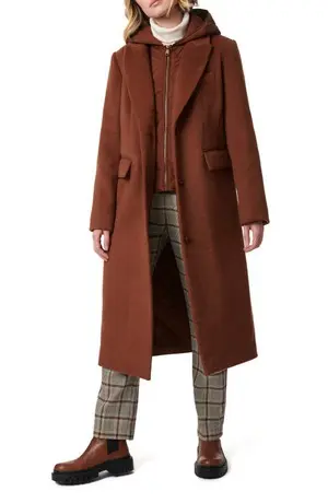 Bernardo Long Coat With Hooded Quilted Bib - Tobacco