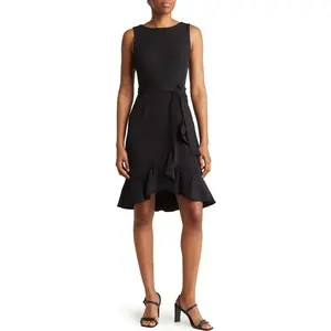 Calvin Klein Sleeveless Belted Ruffle Bottom Dress - Black | Editorialist