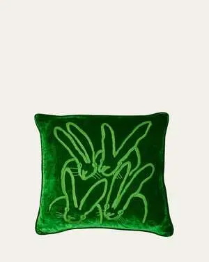 HUNT SLONEM Hand Embroidered Velvet Decorative Pillow, 22" Square - Fern Green