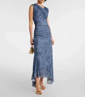 GANNI Printed Ruched Mesh Maxi Dress