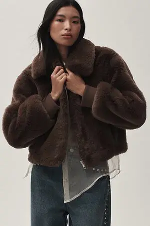 Maeve Cropped Faux Fur Jacket - Brown