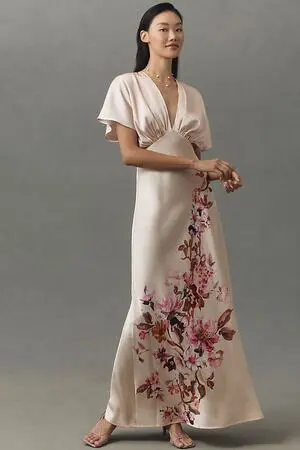 Bhldn Leila Deep-v Flutter-sleeve Satin A-line Gown - Champagne Painted Placement