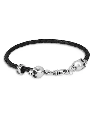 KING BABY STUDIO Braided Leather Skull Bracelet - Black/silver