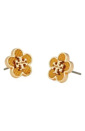 Tory Burch Kira Flower Stud Earrings - Tory Gold /brown