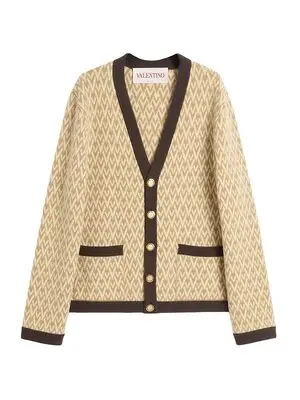 Valentino Garavani Wool Cardigan With Toute La V Pattern Beige Brown