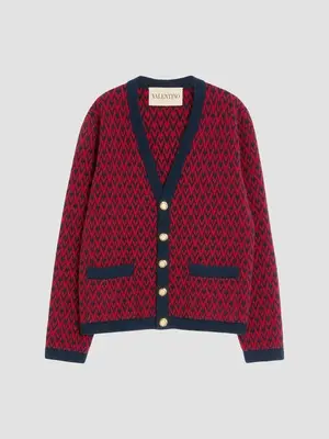 Valentino Garavani Wool Cardigan With Toute La V Pattern - Red Navy