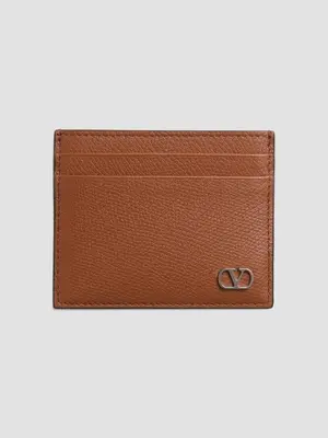 Valentino Garavani Vlogo Signature Grainy Calfskin Card Holder - Saddle Brown