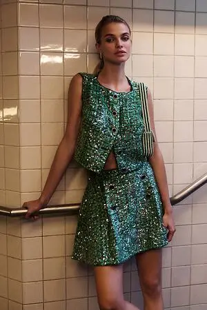 Maeve Sequin Tweed Vest Top - Green Pattern