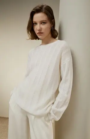 Lilysilk Semi-sheer Cable-knit Cashmere Sweater - White