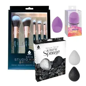 PURSONIC Facial Makeup Blender Sponge + Natural Facial Konjac Sponge Duo Set + 5 Pcs Studio Makeup Brush Set - Multicolor