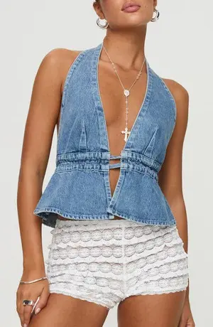 Princess Polly Sequoia Denim Halter Top - Blue