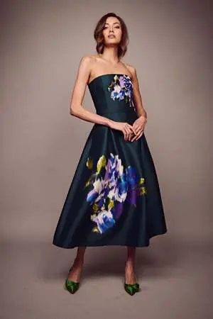 Sachin & Babi Strapless Tea-length Printed Mikado Dress - Forest Green Placement Ikat
