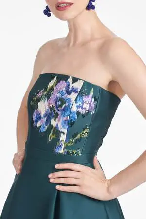 Sachin & Babi Strapless Tea-length Printed Mikado Dress - Forest Green Placement Ikat