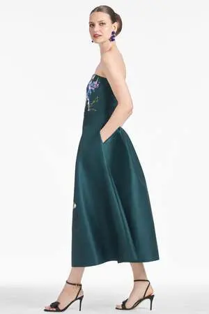 Sachin & Babi Strapless Tea-length Printed Mikado Dress - Forest Green Placement Ikat