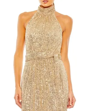 Mac Duggal Ieena Collection Sequined Halterneck Gown With Belt