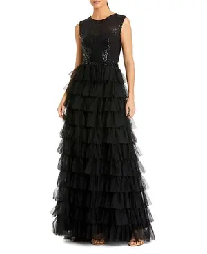 Mac Duggal Sequin Ruffle Tiered Gown - Black