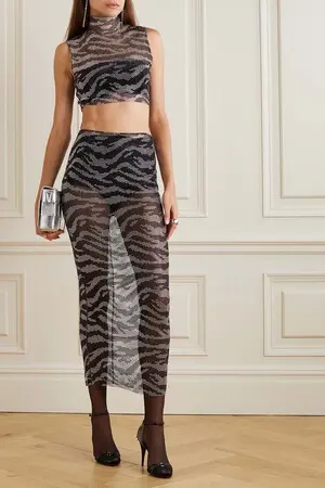 Alessandra Rich Cropped Crystal-embellished Mesh Top