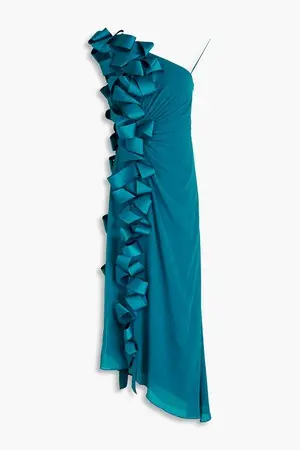 Badgley Mischka One-shoulder Bow-detailed Draped Gown