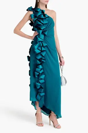 Badgley Mischka One-shoulder Bow-detailed Draped Gown