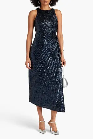 Badgley Mischka Wrap-effect Sequined Midi Dress