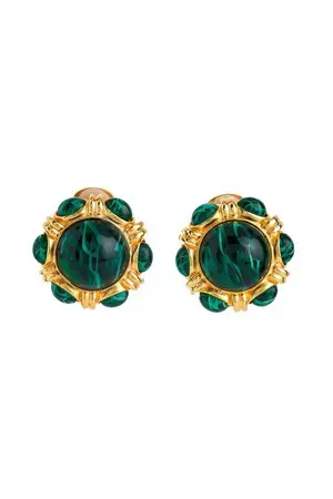KENNETH JAY LANE Emerald Cabochon Button Clip Earrings - Gold