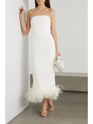 16Arlington Minelli Strapless Feather-trimmed Midi Dress - White