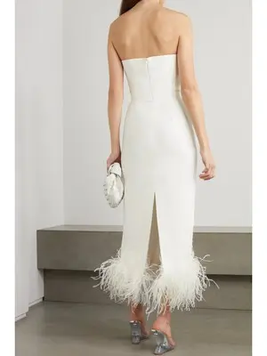 16Arlington Minelli Strapless Feather-trimmed Midi Dress - White