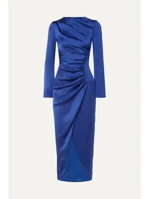 RASARIO Gathered Satin Midi Dress - Blue