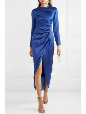 RASARIO Gathered Satin Midi Dress