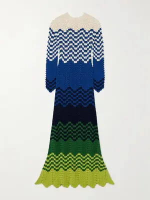 Escvdo Net Sustain Musa Striped Crocheted Cotton Maxi Dress - Blue
