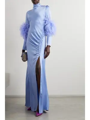 Lapointe Feather-trimmed Ruched Satin Gown