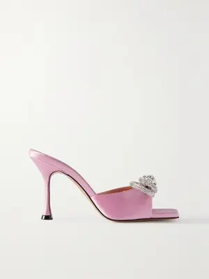 Mach & Mach Double Bow Crystal-embellished Satin Mules