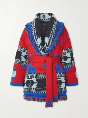 Alanui Icon Belted Fringed Quilted Wool-jacquard Down Jacket