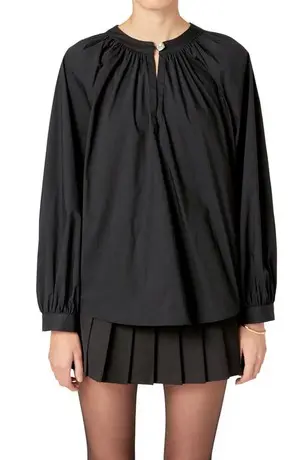 English Factory Rhinestone Button Shirred Top